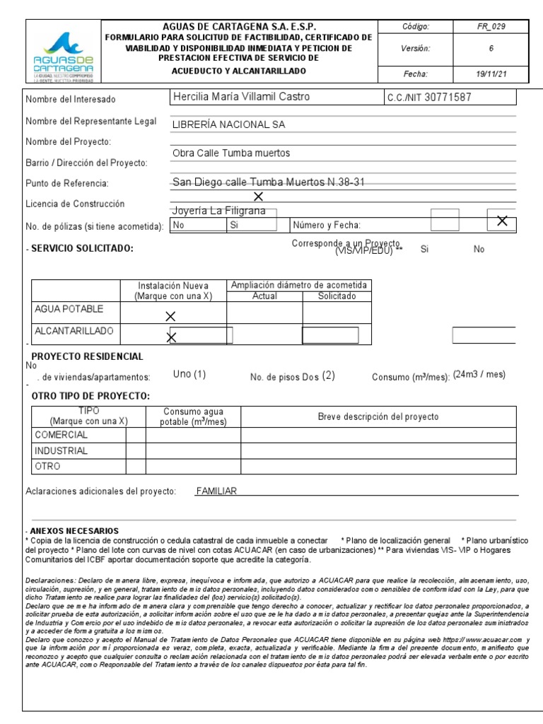 Formulario Solicitud Agua Potable y Alcantarillado 2021 | PDF