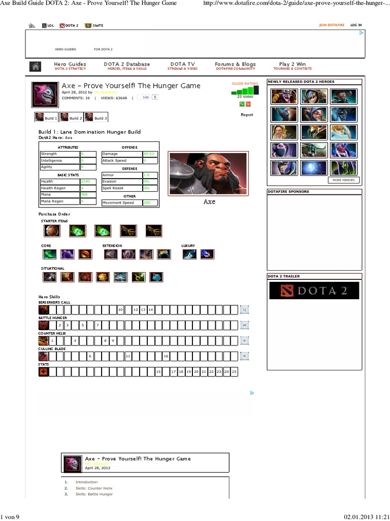 Axe Build Guide DOTA 2 - Axe - Prove Yourself! The Hunger Game | PDF