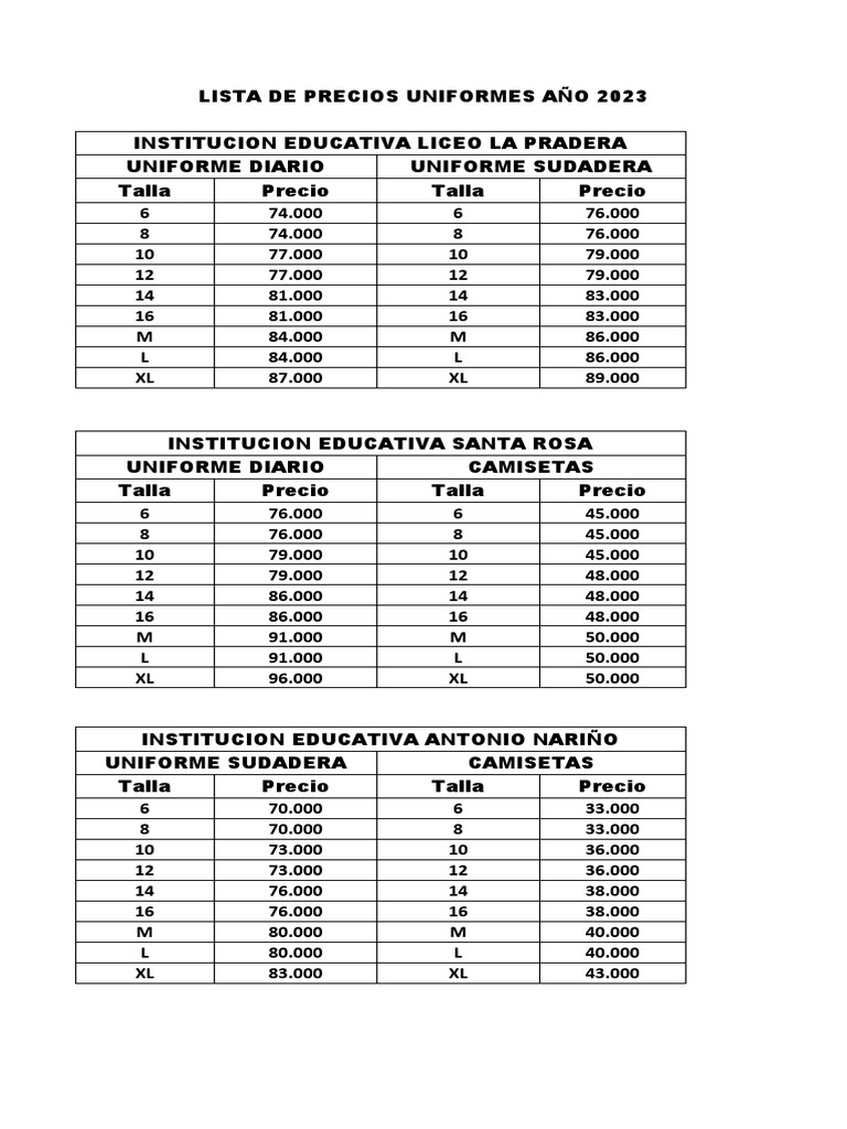 Lista de Precios Uniformes Años 2023 | PDF