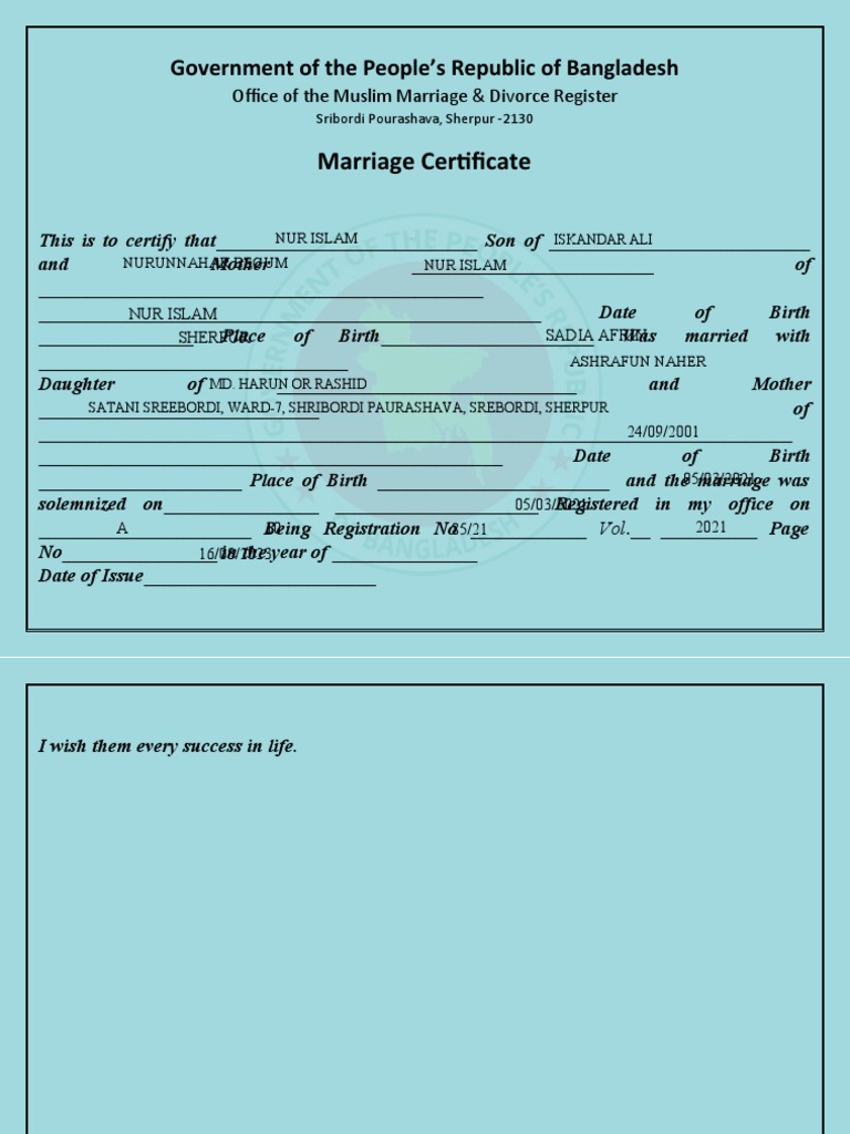 Certificate of Marriage between Nur Islam and Sadia Afrin solemnized on ...