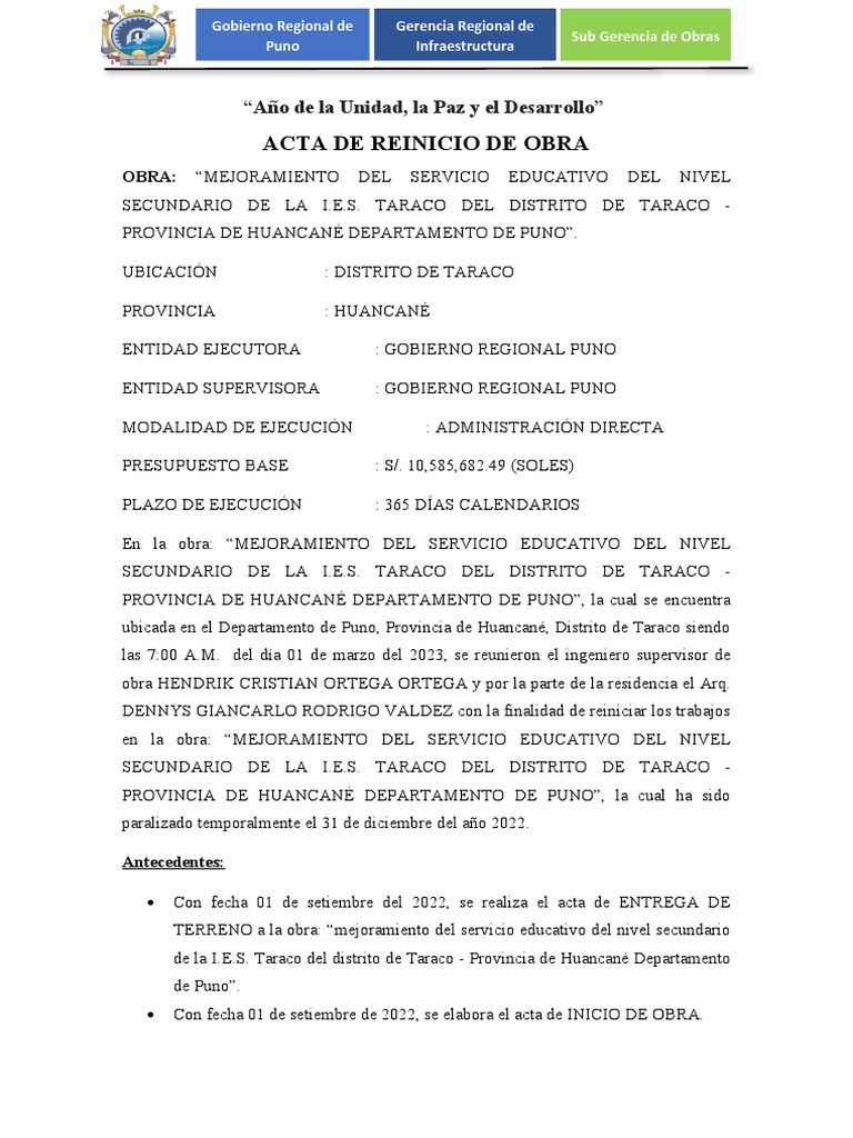Acta de Reinicio de Obra | PDF