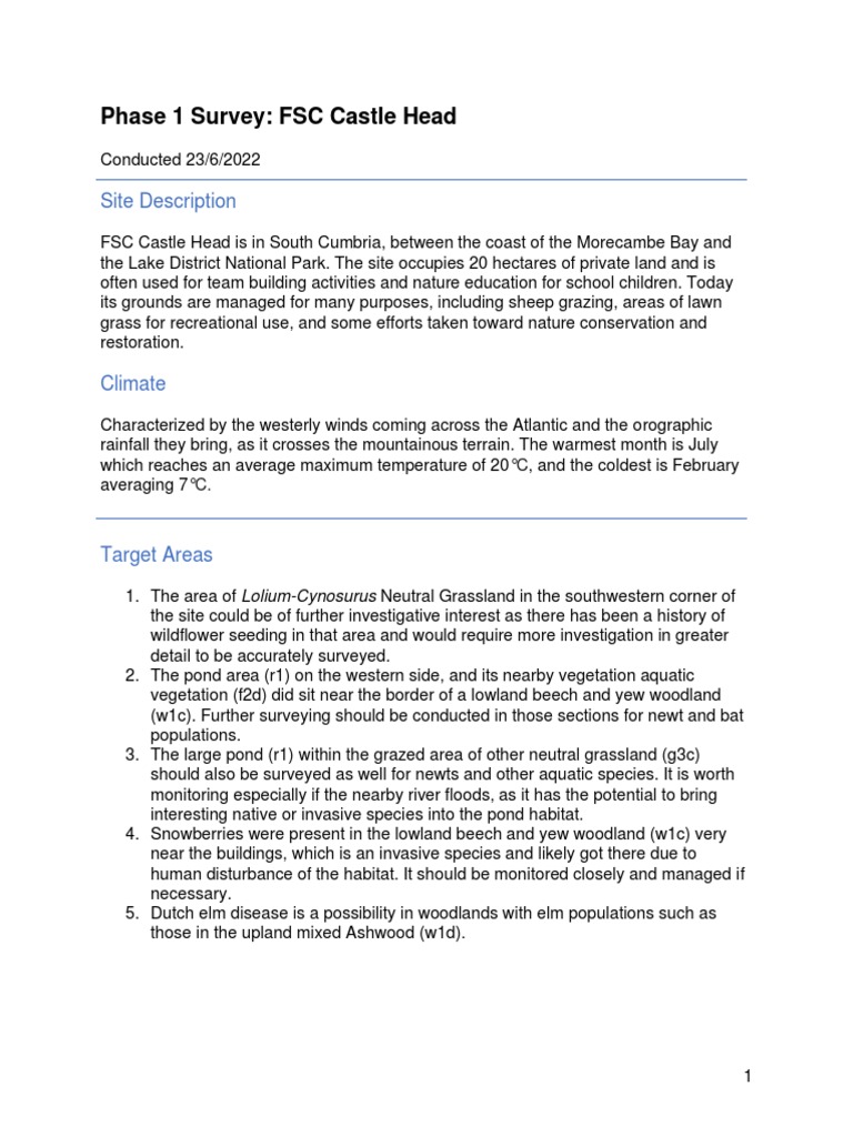 Phase 1 Survey FSC Castle Head | PDF Phase 1 Survey FSC Castle Head | PDF