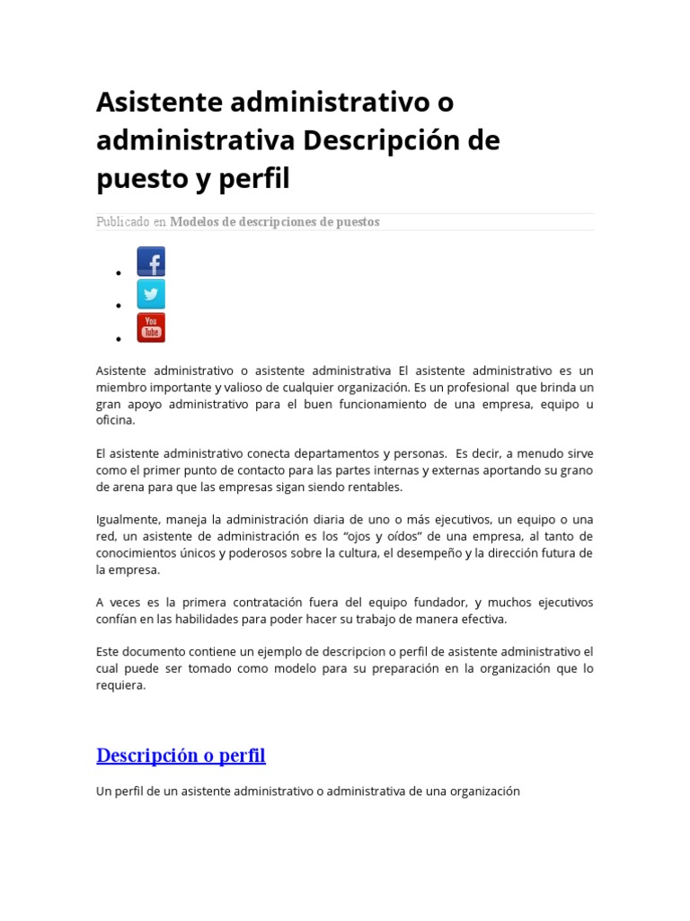 Asistente Administrativo o Administrativa Descripción de Puesto y Perfil | PDF | Calidad ...