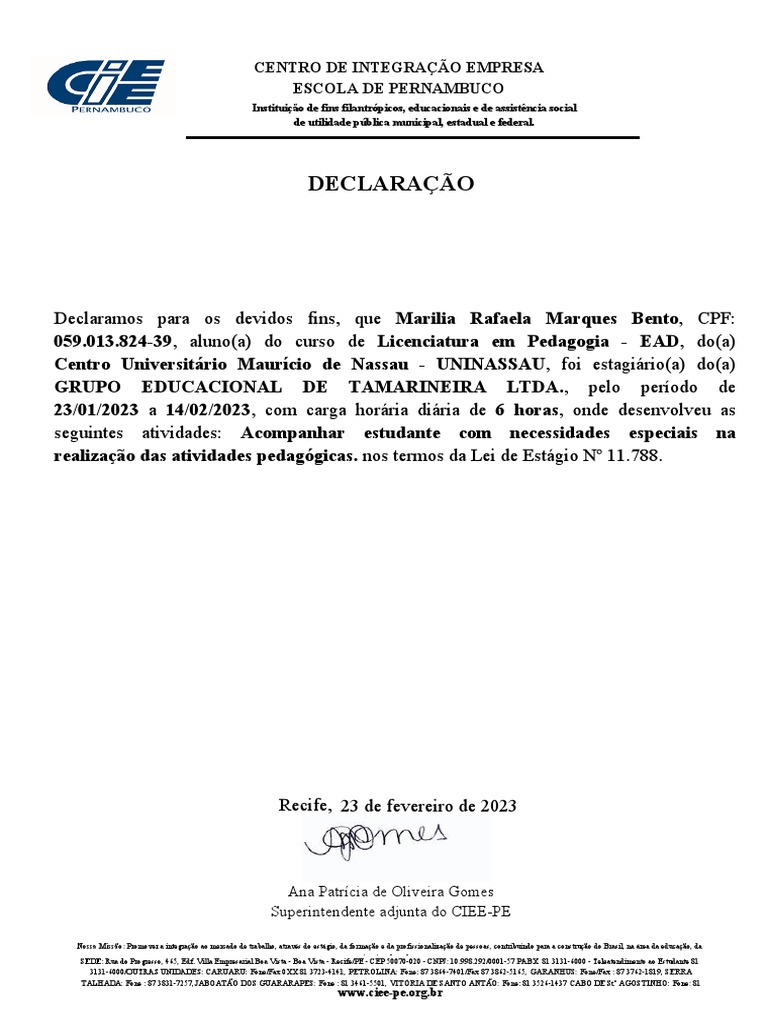 Declaração: Declaramos para Os Devidos Fins, Que Marilia Rafaela ...