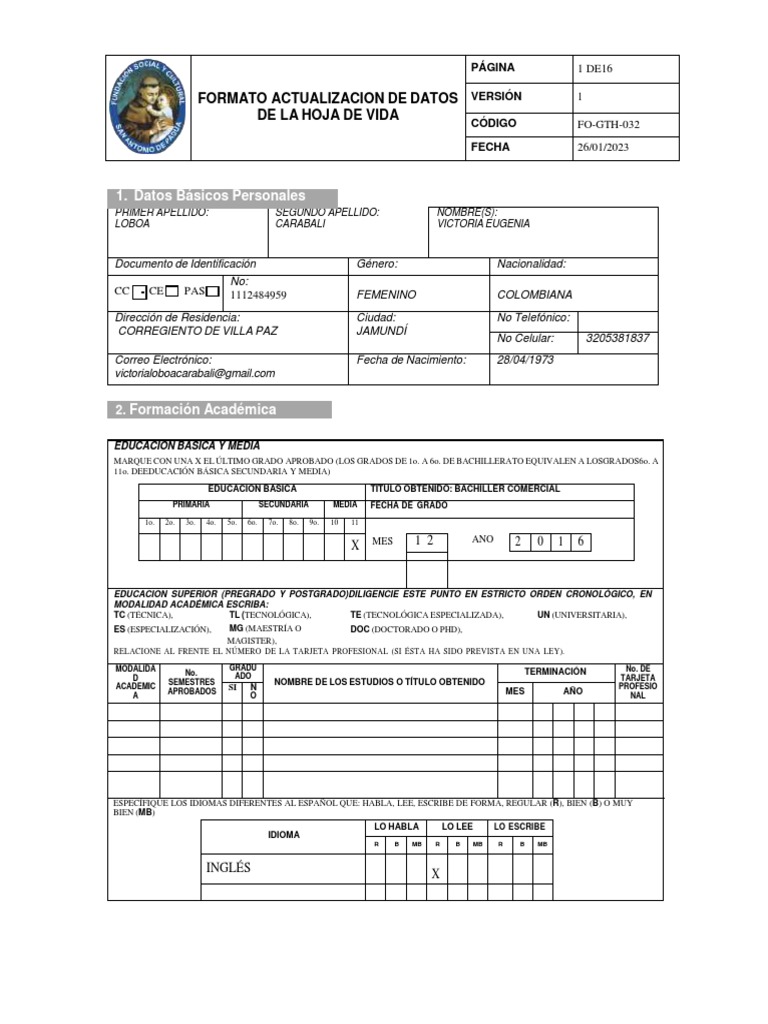 Hoja de Vida. Victoria Eugenia Loboa Actualizado2023 | PDF | Etapas ...