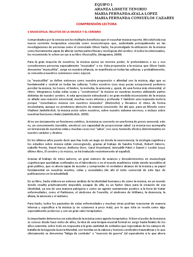ComprensióN Lectora: 1 Musicofilia. Relatos de La Musica Y El Cerebro ...