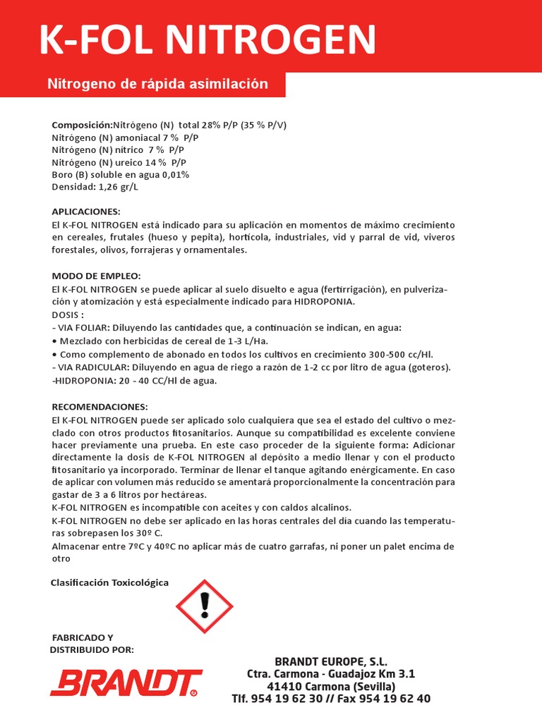 K Fol Nitrogen Ficha Tecnica PDF | PDF