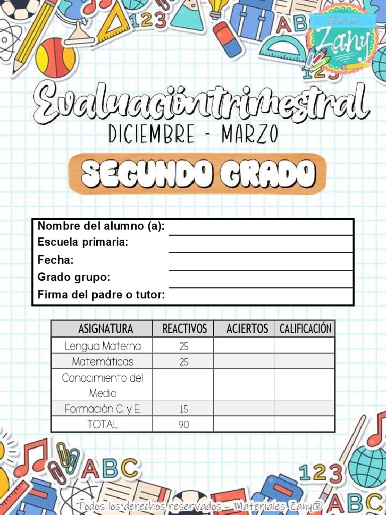Materiales Zany 22 - 23 - Examen de Segundo Grado - Segundo Trimestre | PDF