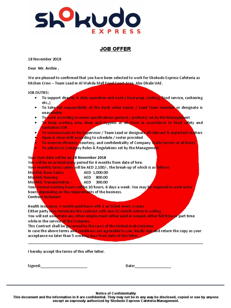 Job Offer Letter for Kitchen Crew | PDF | United Arab Emirates ...