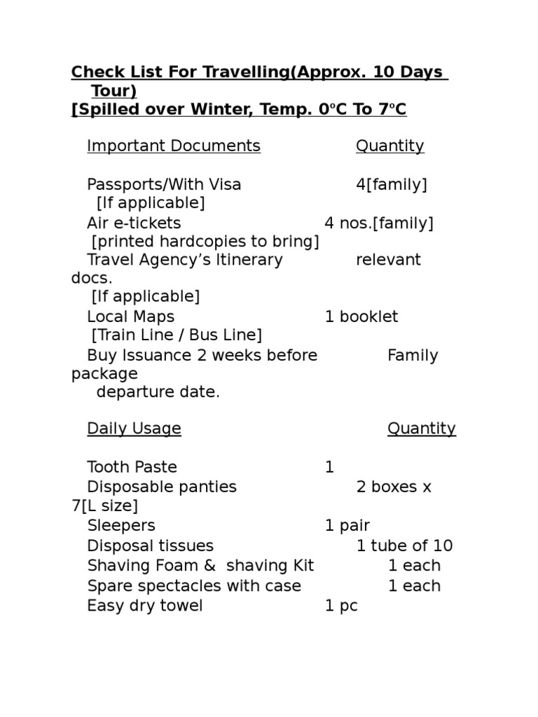 Essential Travel Checklist for 10 Days | PDF | Cooking, Food & Wine