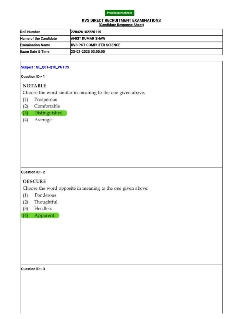 KVS PGT CS Question Paper 2023 | PDF