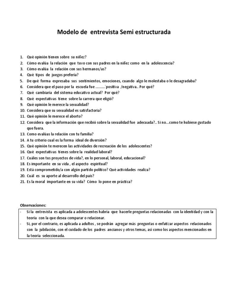Modelo de Entrevista Semiestructurada (1317) | PDF | Adolescencia ...