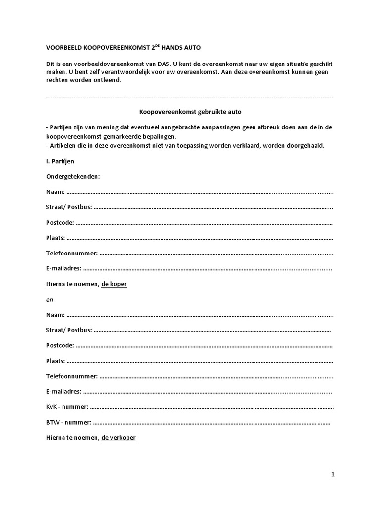 Voorbeeld Koopovereenkomst Gebruikte Auto Def | PDF