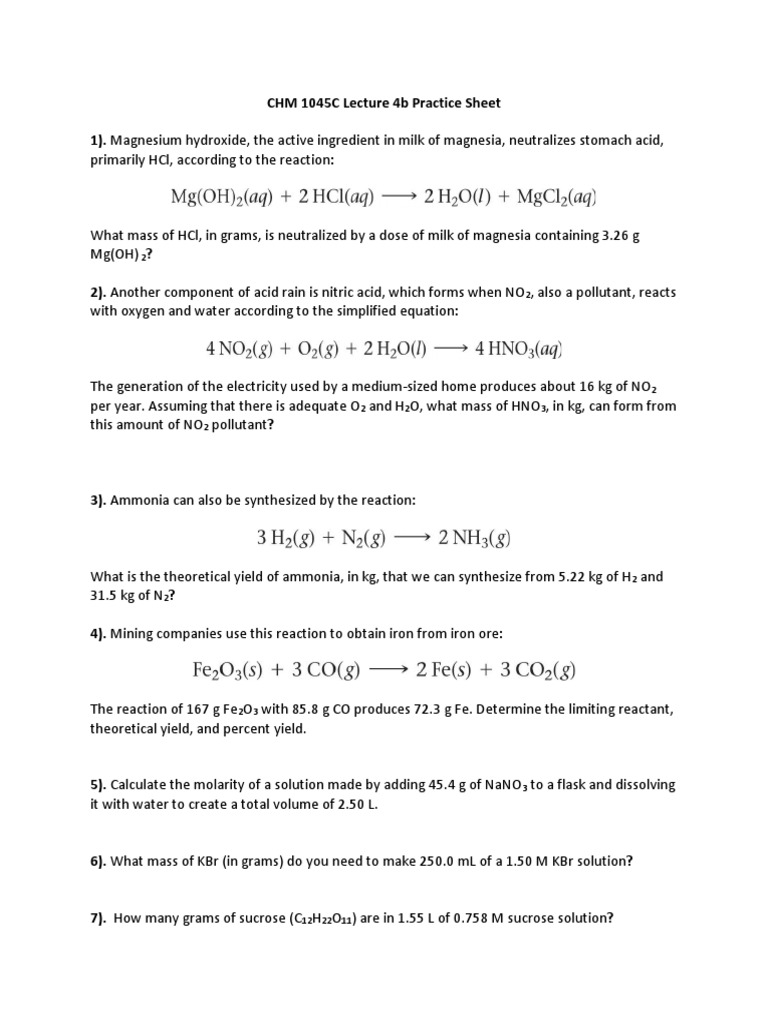 CHM 1045C Lecture 4b Practice Sheet | PDF