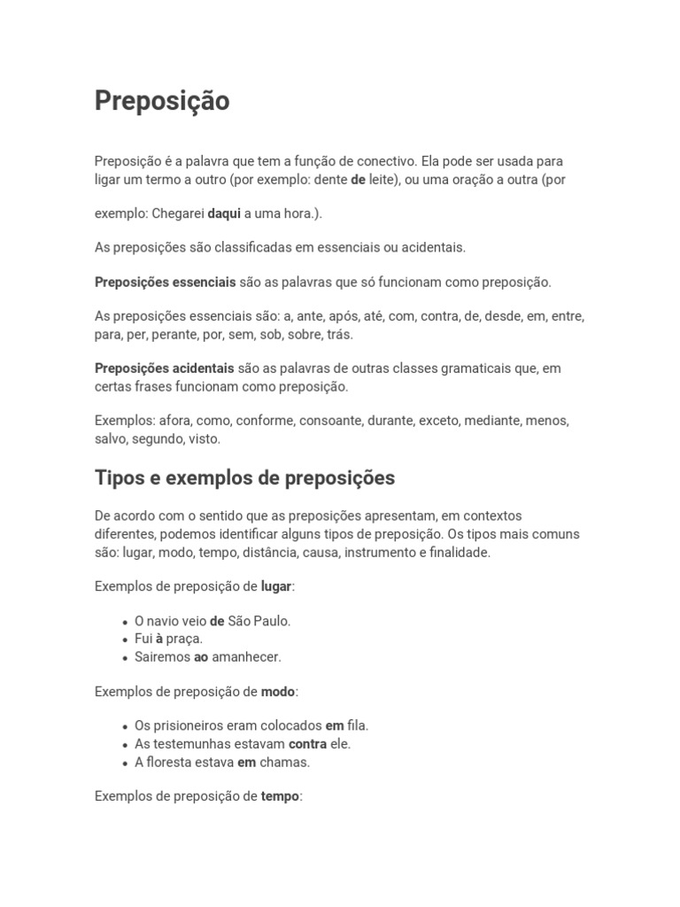 As preposições: funções e tipos | PDF | Preposição e posposição ...