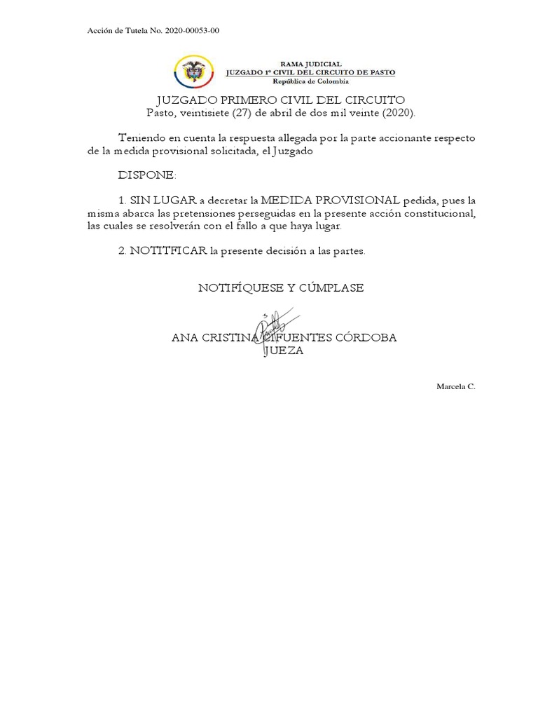 2020-00053-00 Niega Medida Provisional | PDF