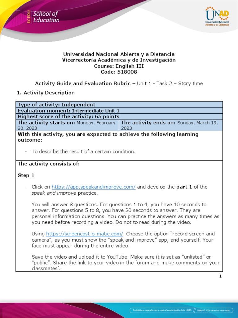 Activity Guide and Evaluation Rubric - Unit 1 - Task 2 - Story time ...
