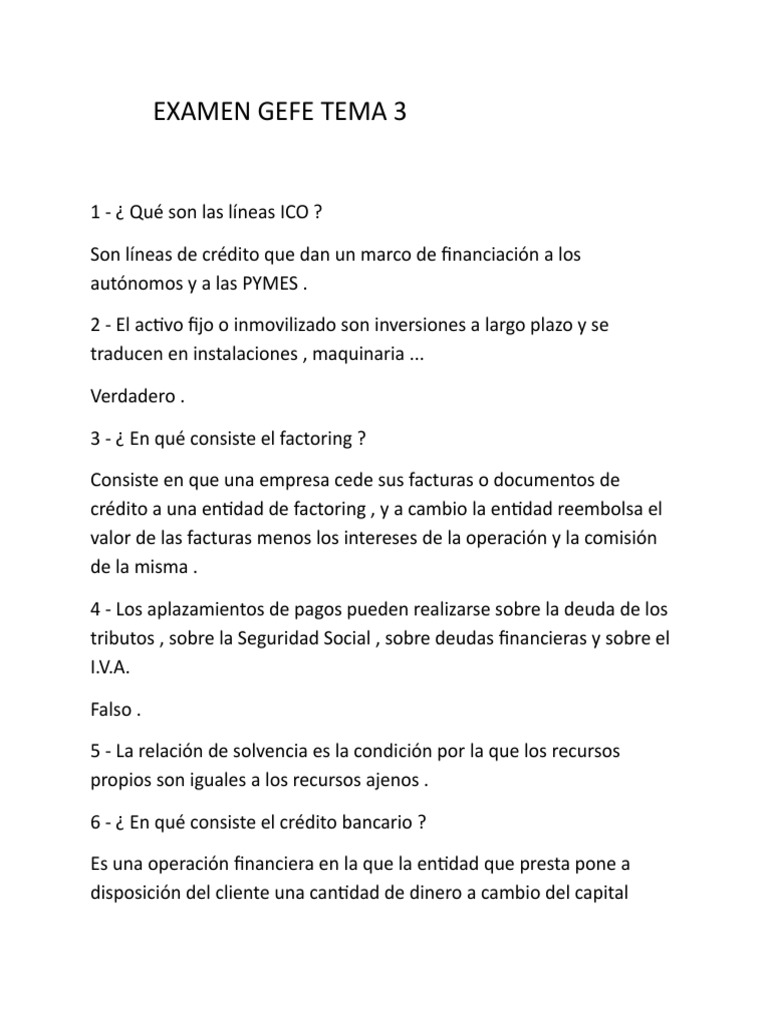 Examen Gefe Tema 3 | PDF | Crédito | Finanzas y dinero