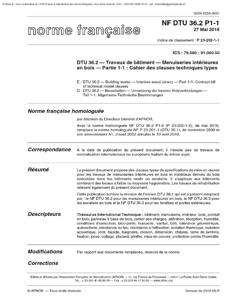 DTU 36.2 - Travaux de Bâtiment - Menuiseries Intérieures en Bois - Partie 1-1 - Cahier Des ...