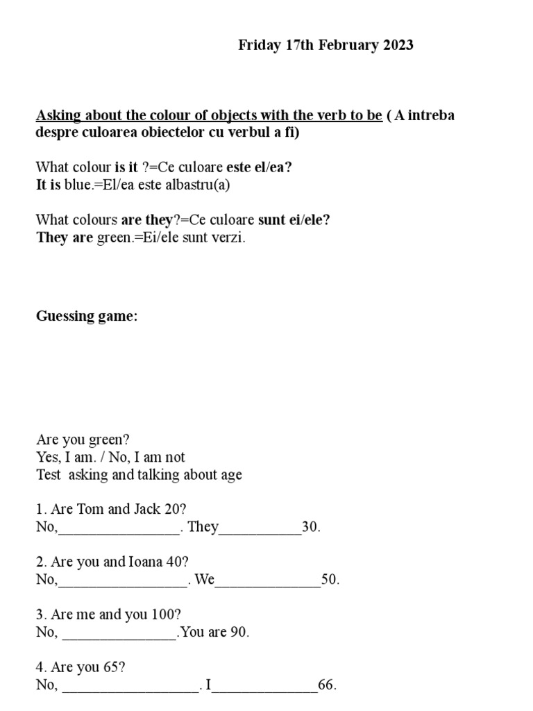 Colours and The Verb To Be Questions and Answers Worksheet | PDF