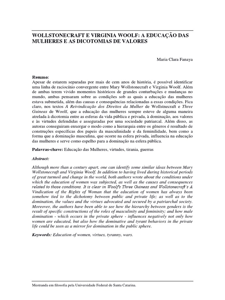 Mary Wollstonecraft e Virginia Woolf. Maria Clara Fanaya | PDF | Jean-Jacques Rousseau | Mary ...