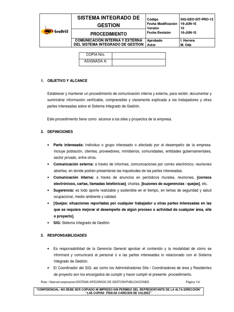 SIG-GEO-SIT-PRO-13 Comunicacion Interna y Externa Del SIG | PDF ...