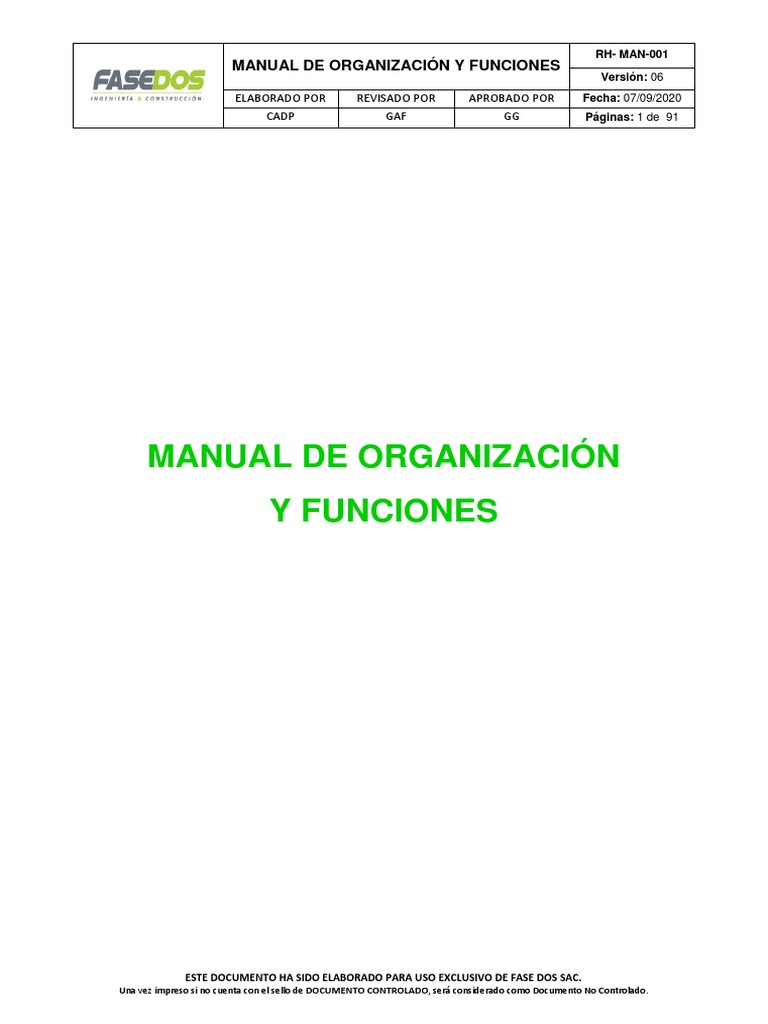 RH-MAN-001 Manual de Organización y Funciones (V06) PDF | PDF | Calidad (comercial) | Sistema de ...