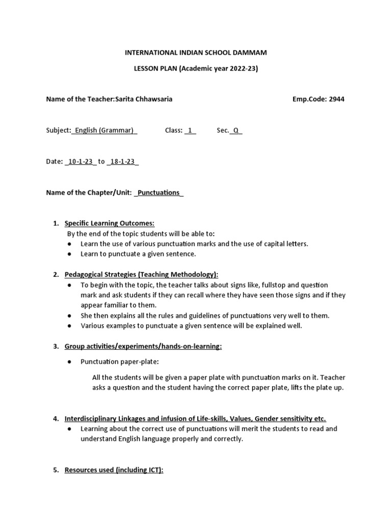 English Punctuation S Lesson Plan | PDF | Learning | Teachers