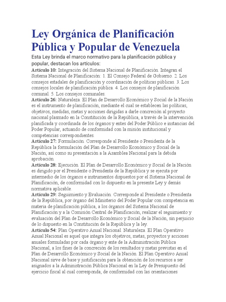 Ley Orgánica de Planificación Pública y Popular de Venezuela | PDF | Planificación | Venezuela