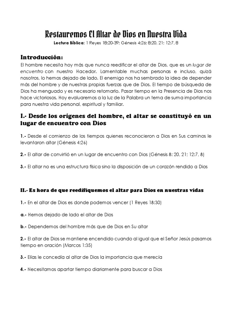 Restauremos El Altar de Dios en Nuestra Vida | PDF | Dios | Creencia religiosa y doctrina