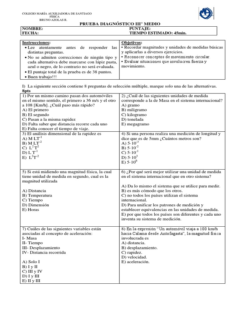 Diagnóstico Iii° Medio PDF | PDF | Masa | Kilogramo