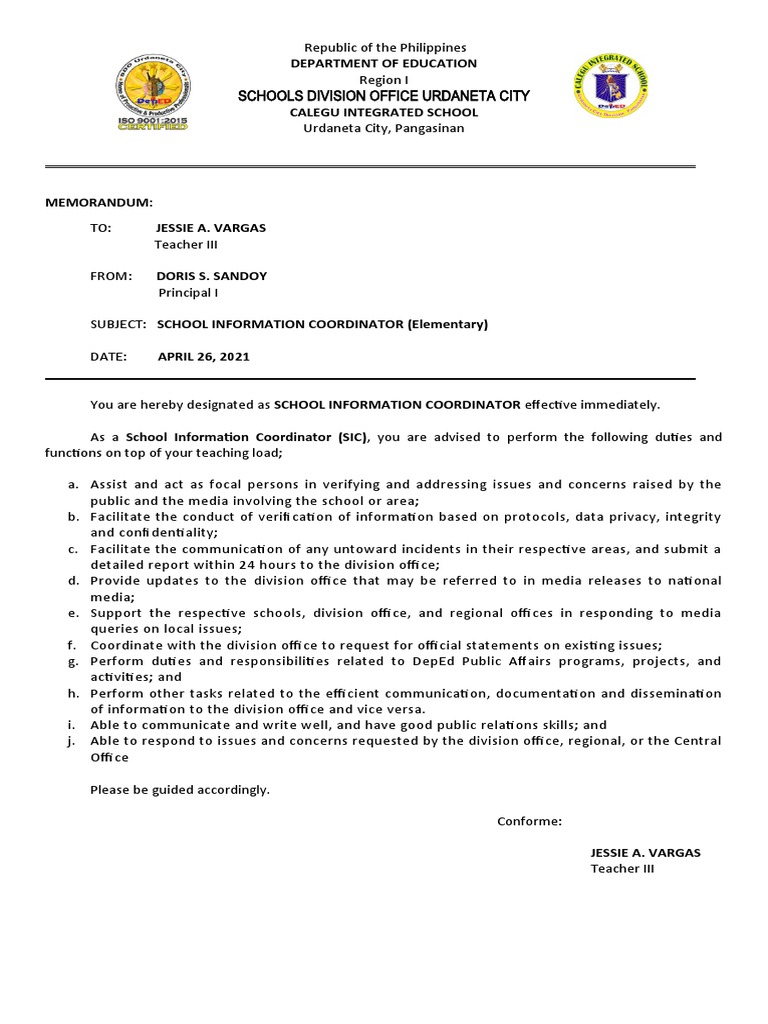 edited-School-Information-Coordinator-Designation 1 | PDF | Computing