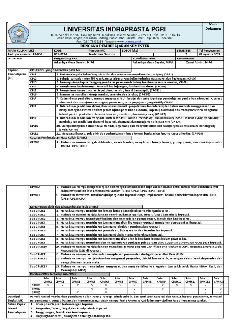 RPS MBKM Perkoperasian Dan Umkm PDF | PDF