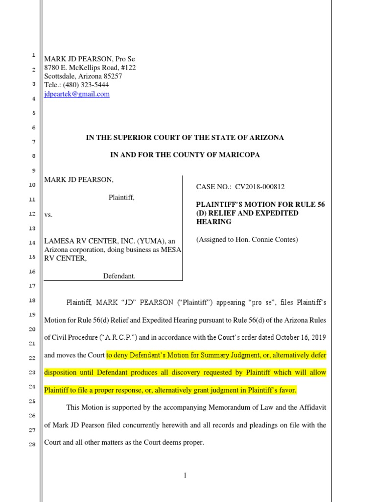 Plaintiff's Motion For Rule 56D Relief and Expedited Hearing PDF | PDF ... Plaintiff's Motion For Rule 56D Relief and Expedited Hearing PDF | PDF ...