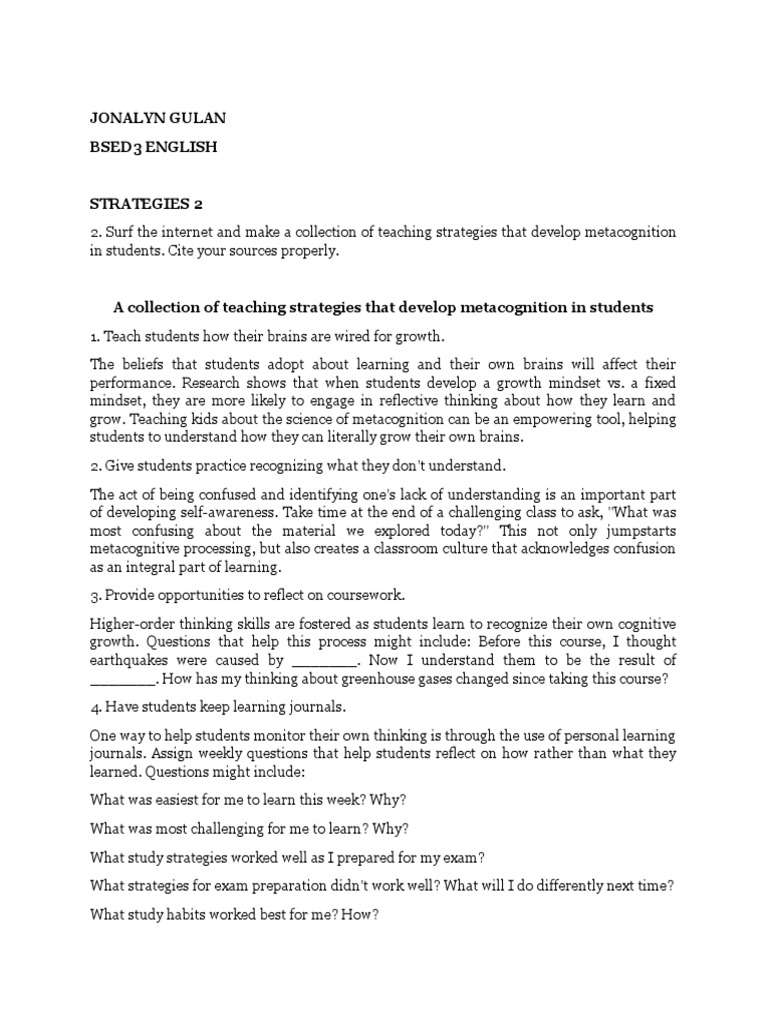Jonalyn Gulan Strategies 2 | PDF | Metacognition | Mindset