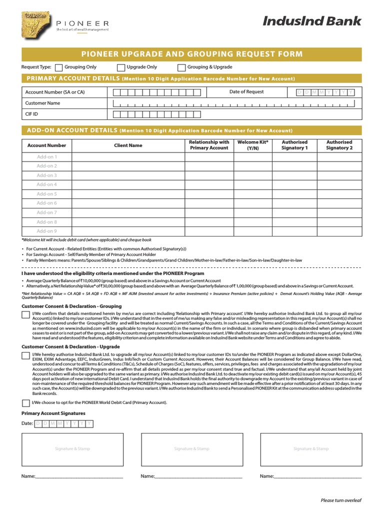 IndusInd Bank Primary Account Request Form | PDF | Transaction Account ...