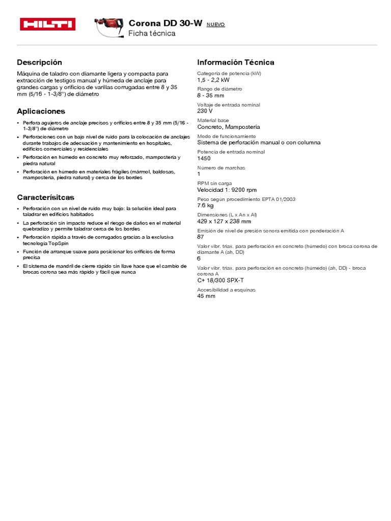 Ficha Técnica Taladro Diamantina DD 30 | PDF | Perforación | Perforar