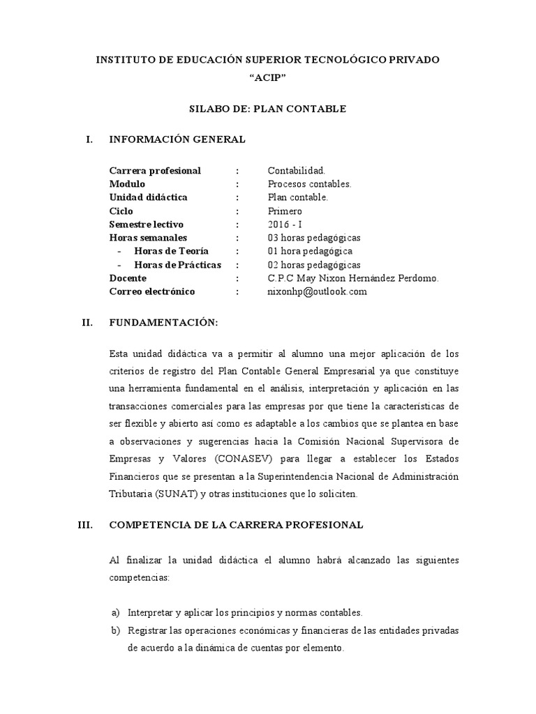 Silabo de Plan Contable | PDF | Contabilidad | Servicios financieros