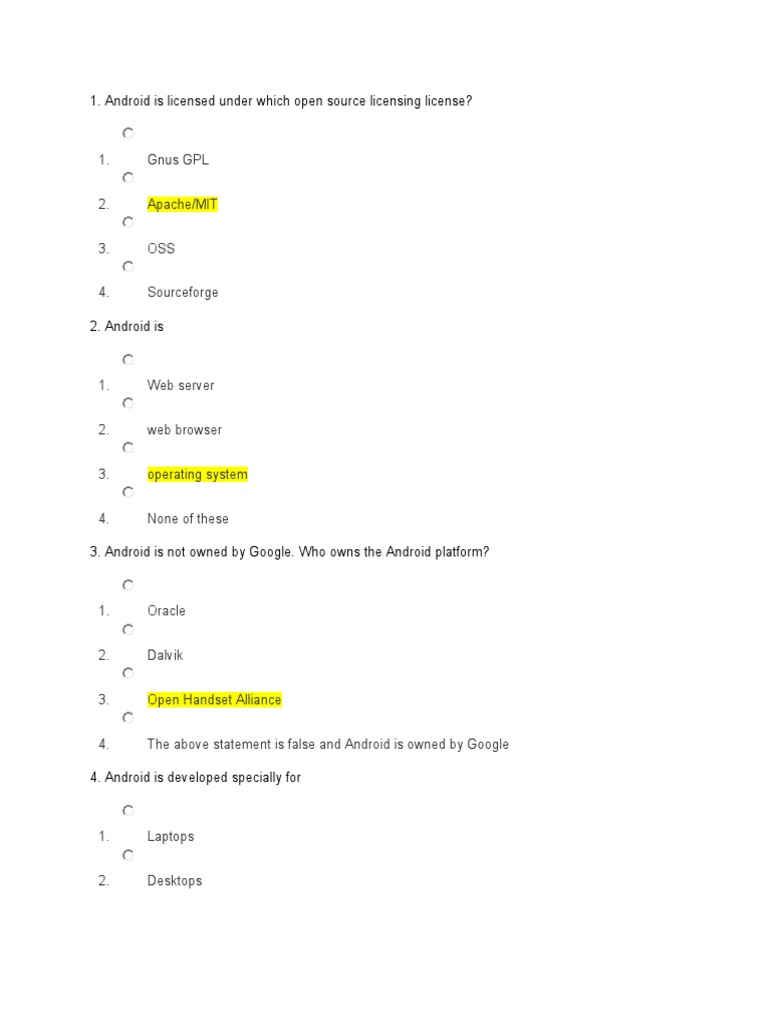 Android Mcq Pdf Android Operating System Java Programming Language
