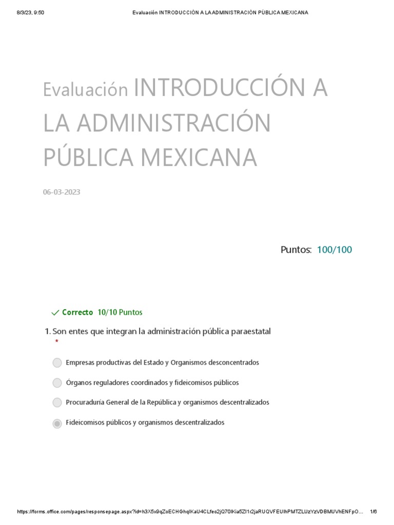 Evaluación INTRODUCCIÓN A LA ADMINISTRACIÓN PÚBLICA MEXICANA-caro | PDF | Administración Pública ...