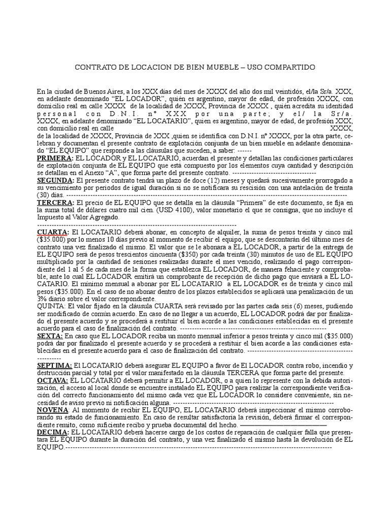 Contrato de Uso Compartido Thermobike MODELO 07-22 PDF | PDF | Derecho privado | Derecho civil ...