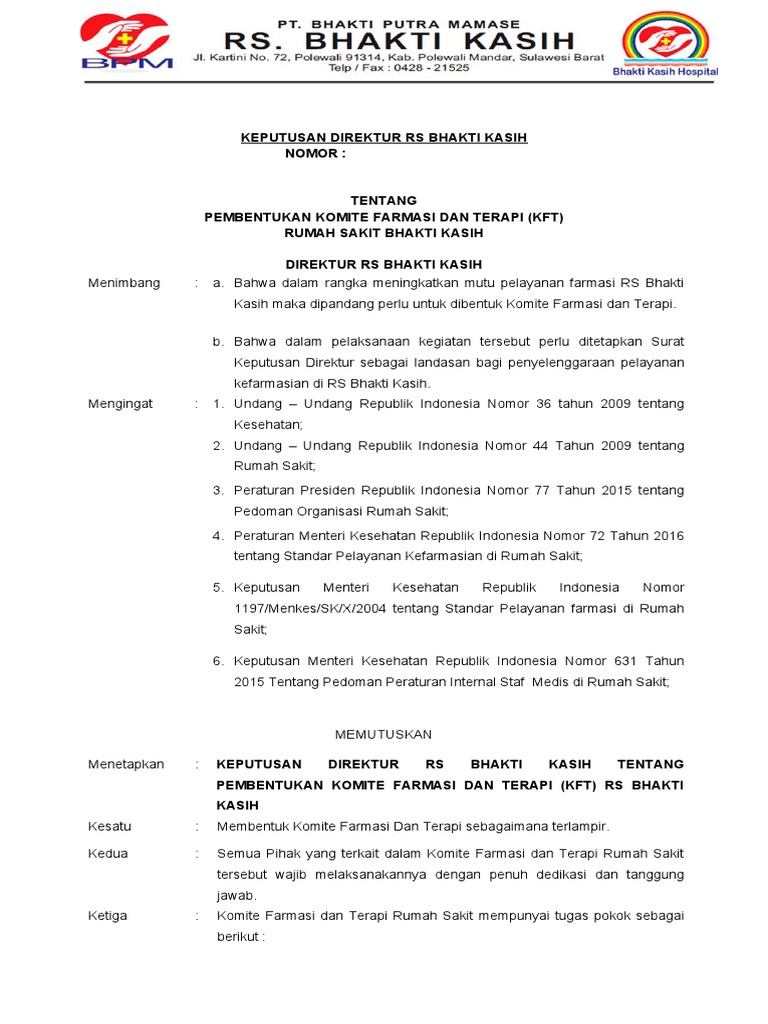 Surat Keputusan Tentang Pembentukan Komite Farmasi Dan Terapi KFT | PDF