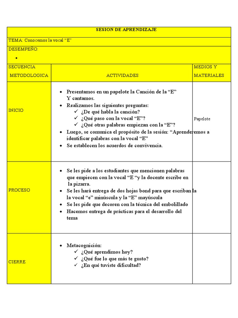 Aprendiendo la Vocal "E" en Clase | PDF