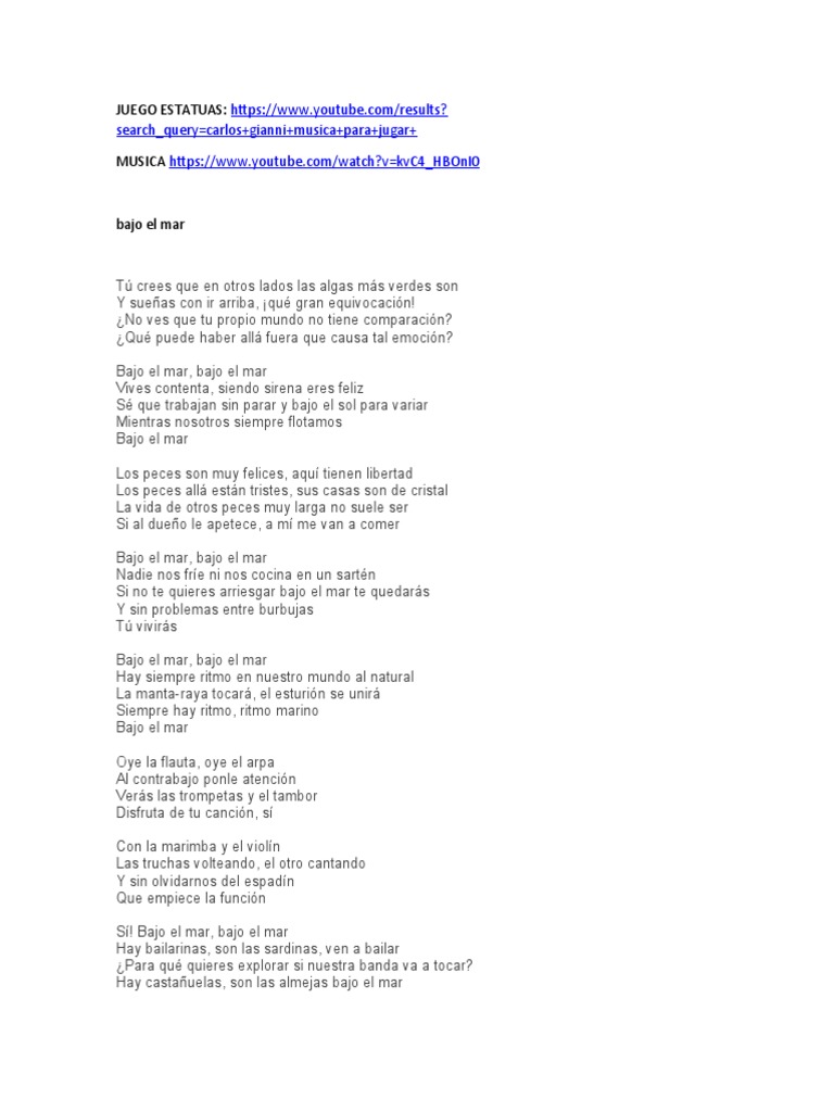 Letra de "Bajo el Mar" de La Sirenita | PDF | Cocina, comidas y vino