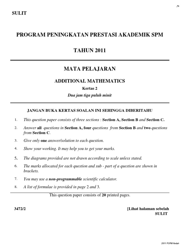 2011 Pspm Kedah Add Maths 2 W Ans Pdf Equations Elementary Geometry
