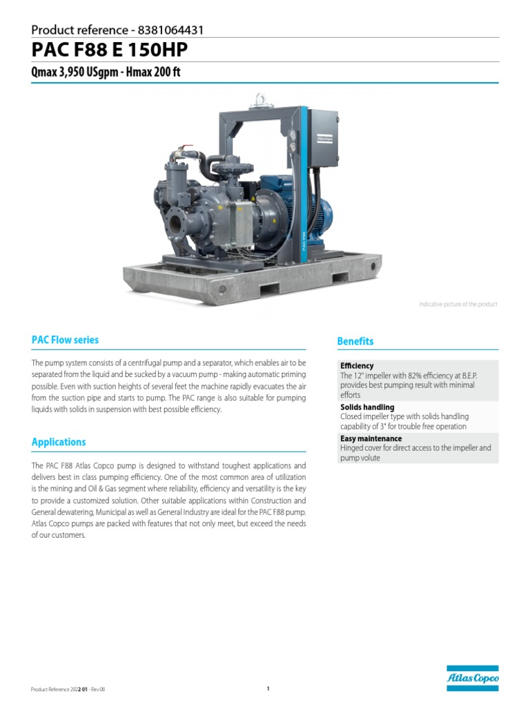 PAC F88 E 150HP Product Reference Sheet | PDF | Pump | Electric Motor