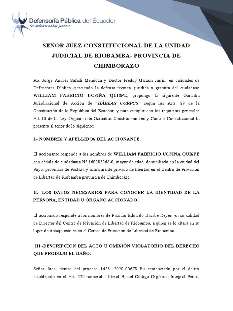 Hábeas Corpus Loor Mendoza David Alejandro (1) - 1 | PDF | Habeas ...