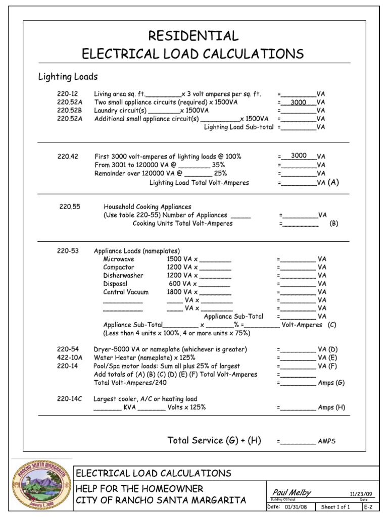 Electrical Load Calculation Spreadsheet CIVL 1112 Computational