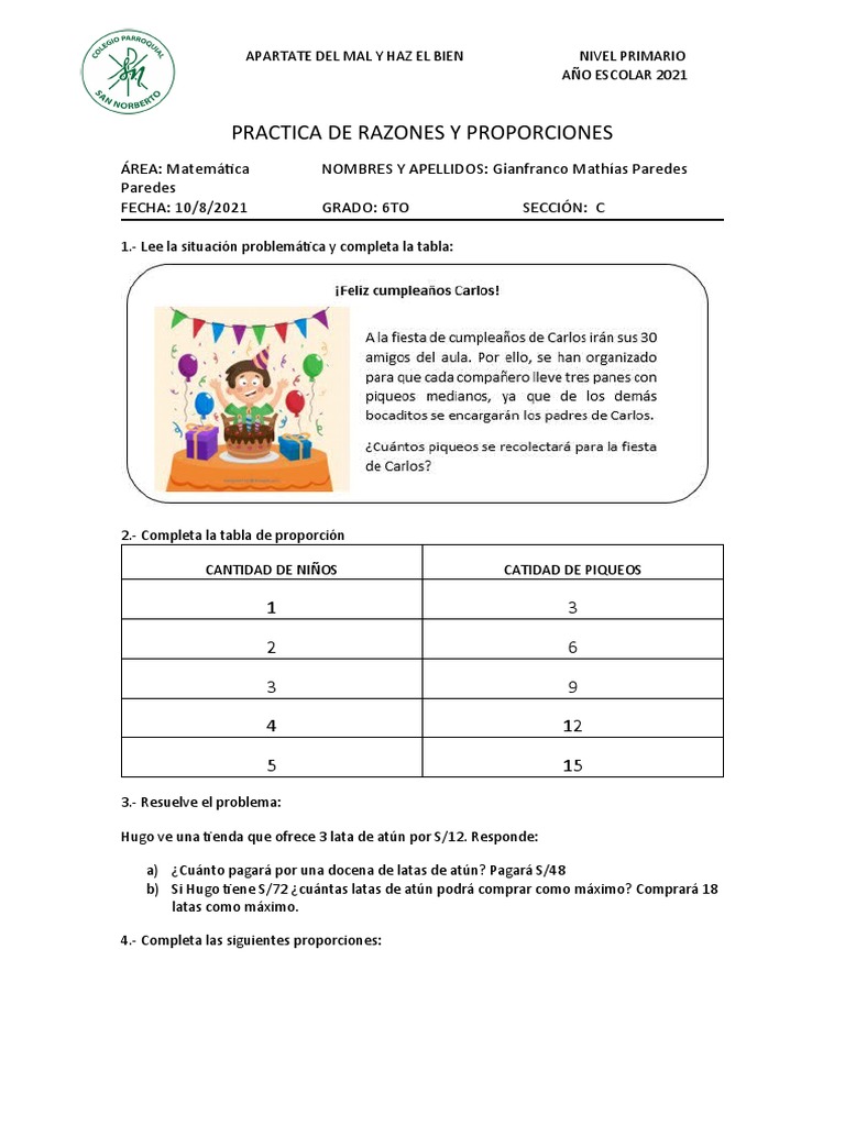 Practica de Razones y Proporciones. | PDF