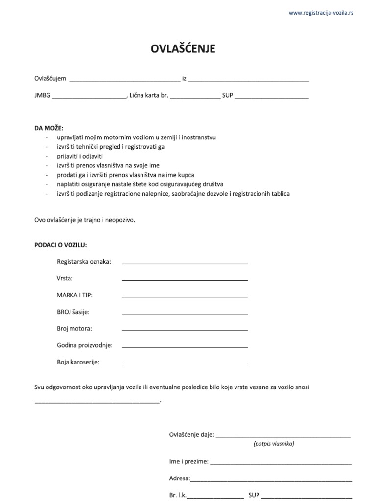 Ovlascenje Za Kola PDF | PDF